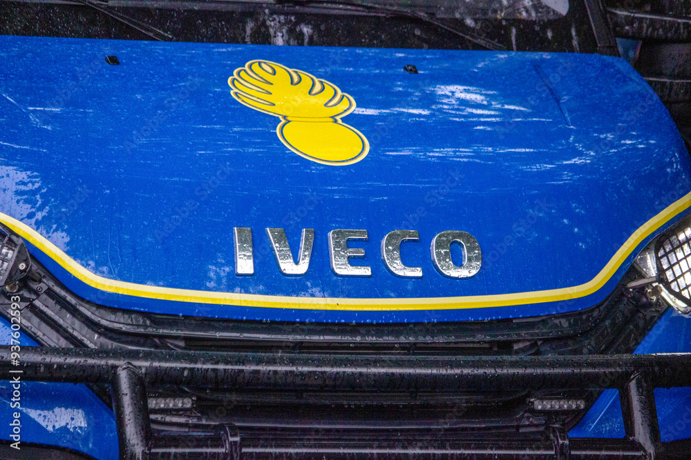 France, 22 May 2024: Close-up of Iveco truck front with blue and yellow ...