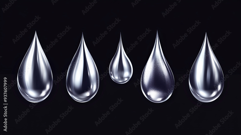 Metallic silver droplets vector illustration featuring realistic 3D ...