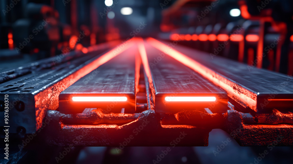 Steel beams glow brightly as they align on the hot-rolling mill ...