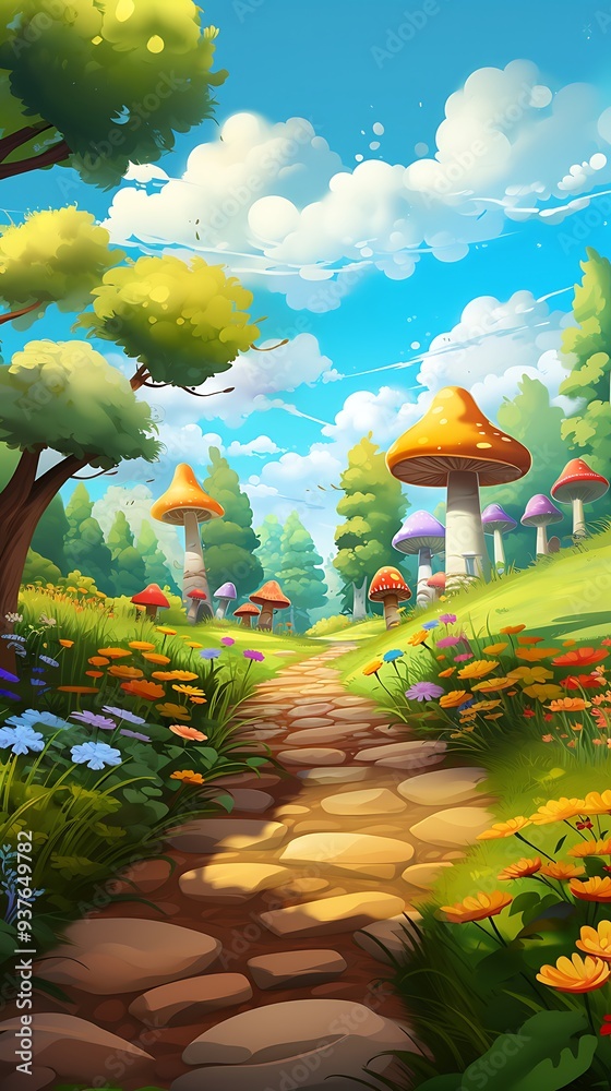 cartoon illustration of a path in a forest with mushrooms and flowers ...
