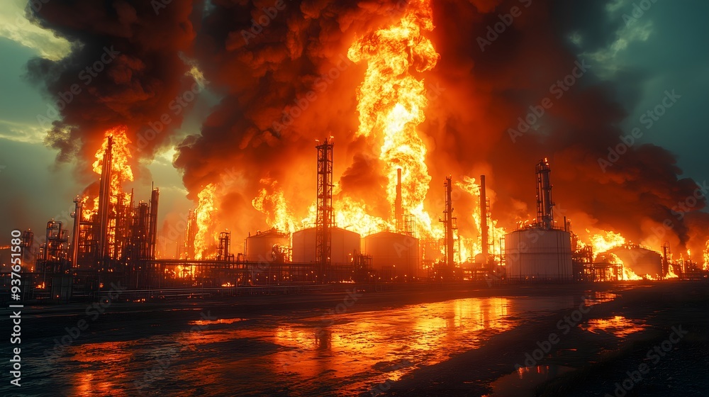 industrial fire at an oil refinery or chemical plant. Huge flames ...