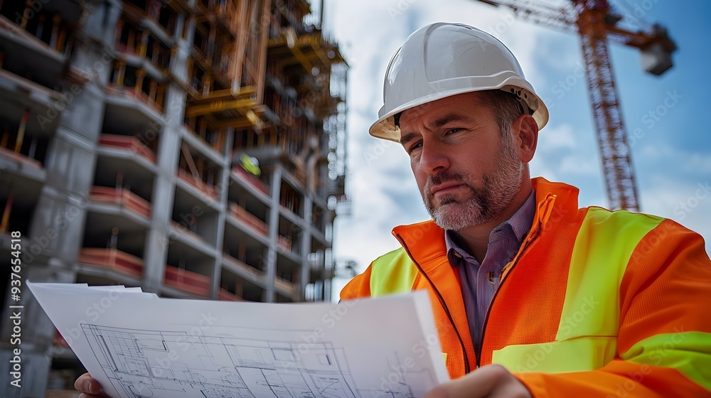 Construction Site Safety Inspector Reviewing Blueprints with Crane and ...