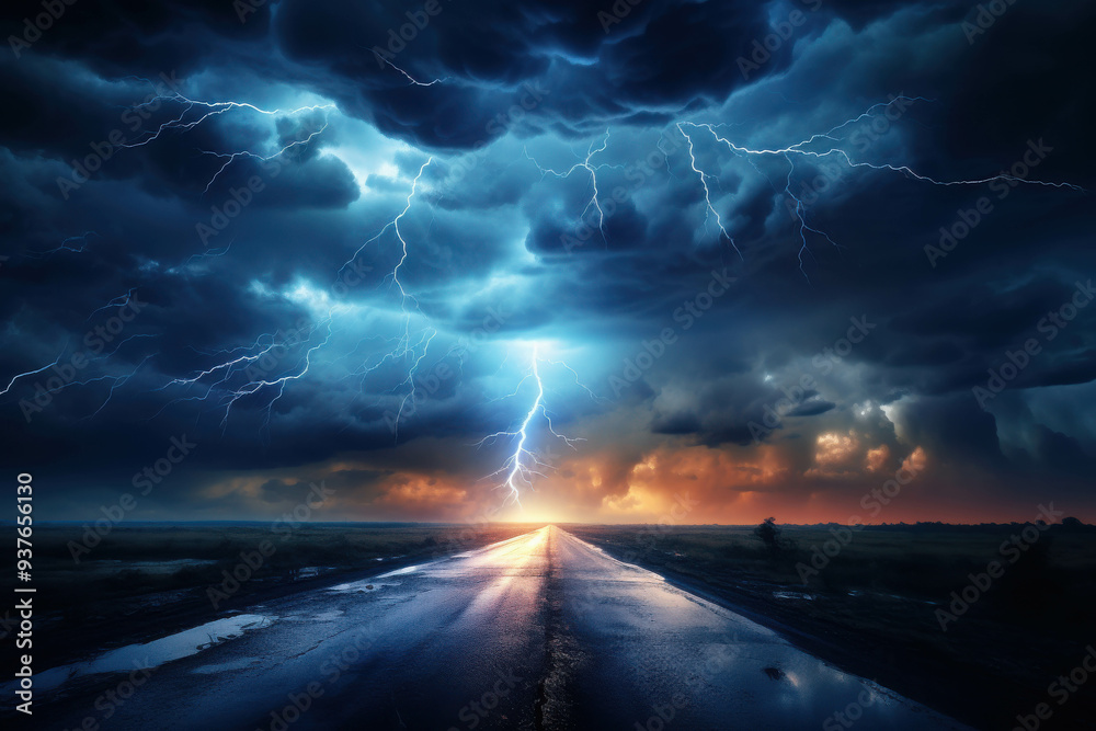 Lightning Strikes the Open Road: A powerful lightning bolt illuminates ...