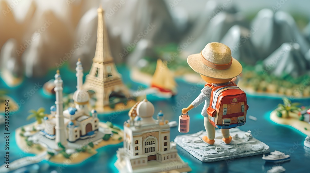 D figures of cute simplified tourists marveling at iconic world ...