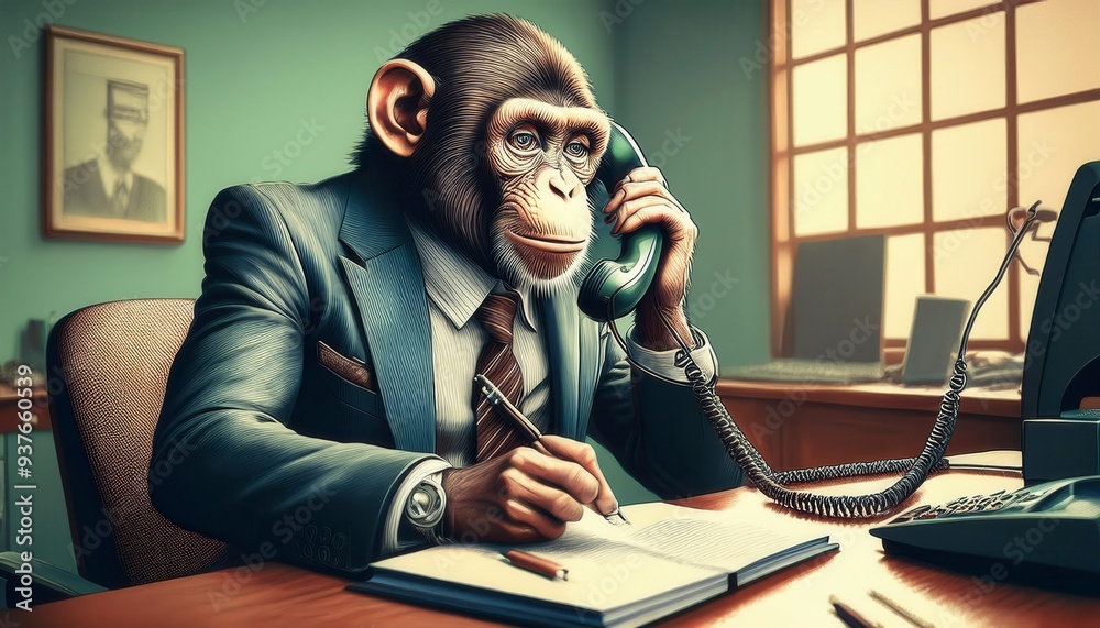 Chimpanzee using phone illustration. A smiling monkey. monkey with a ...
