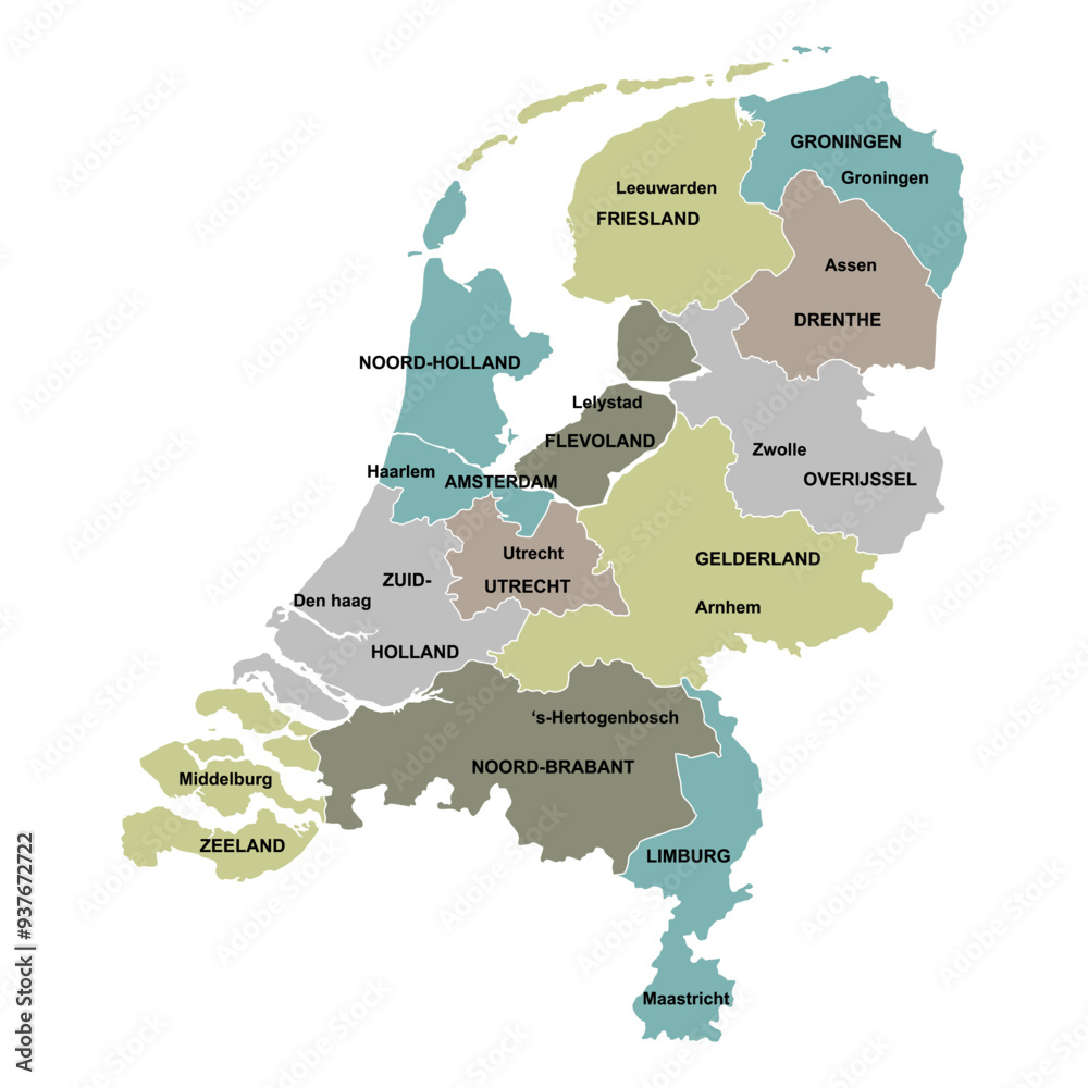 Pastel-Colored Simplified Administrative Map of the Netherlands with ...