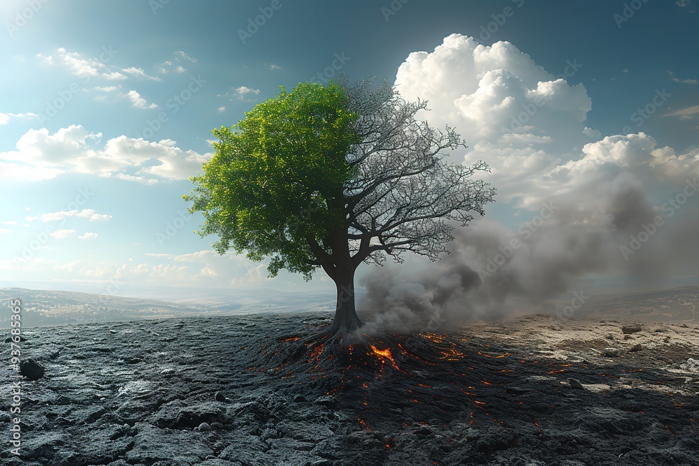 Afforestation Efforts: A photograph of a barren landscape before and ...