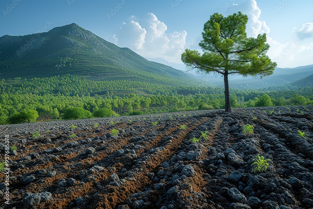 Afforestation Efforts: A photograph of a barren landscape before and ...