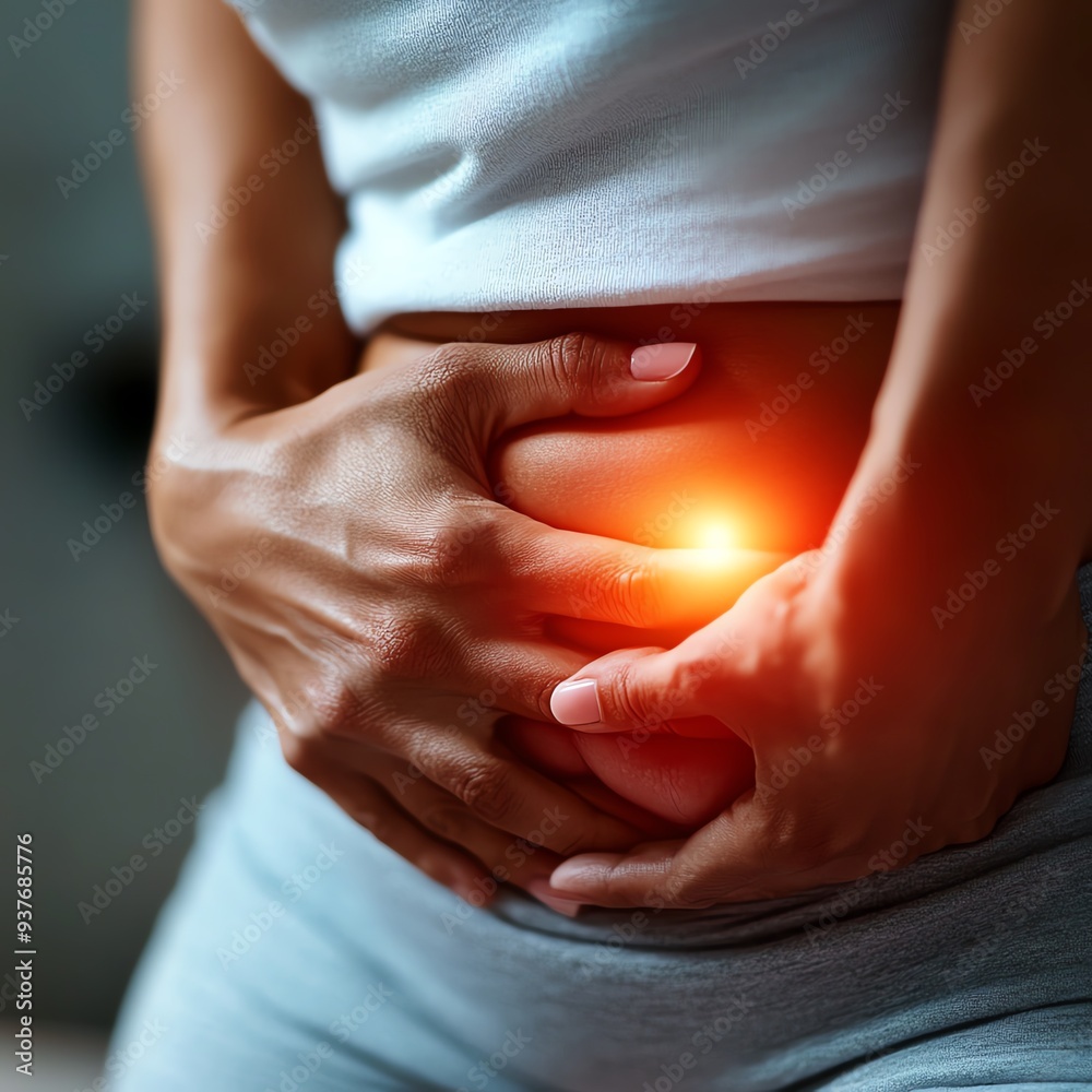Person clutching their stomach in intense abdominal pain, closeup of ...