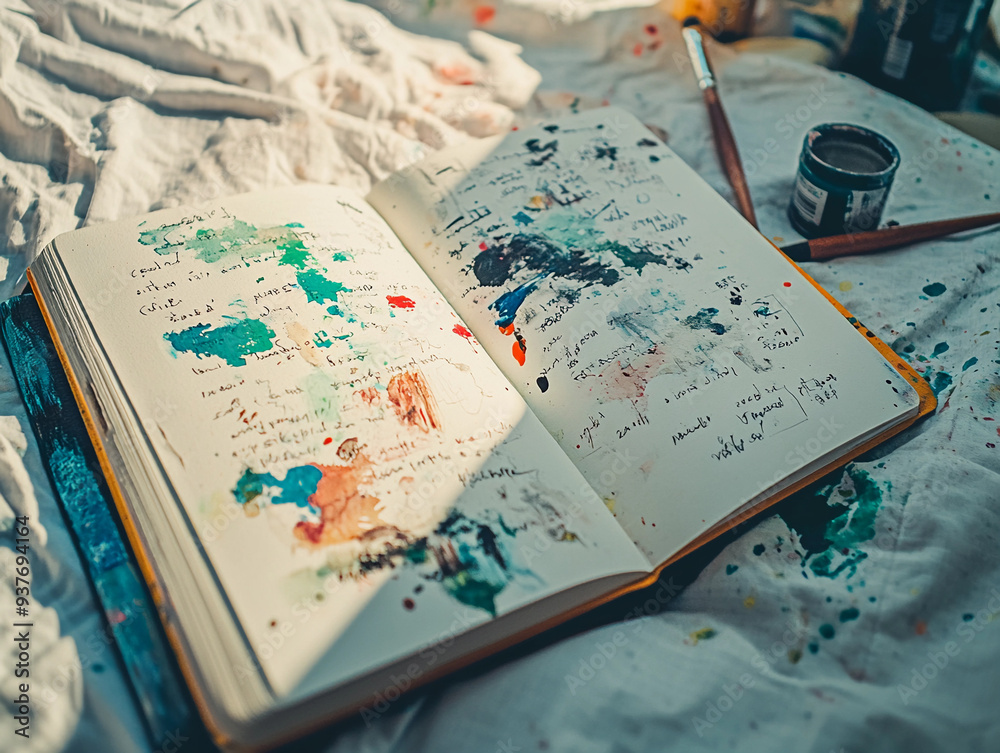 art therapy journal, pages filled with expressive drawings and words, a ...