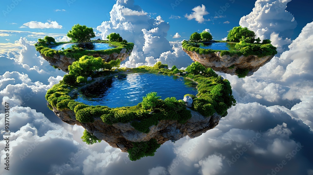 Surreal floating islands with lush greenery and tranquil waters amidst ...