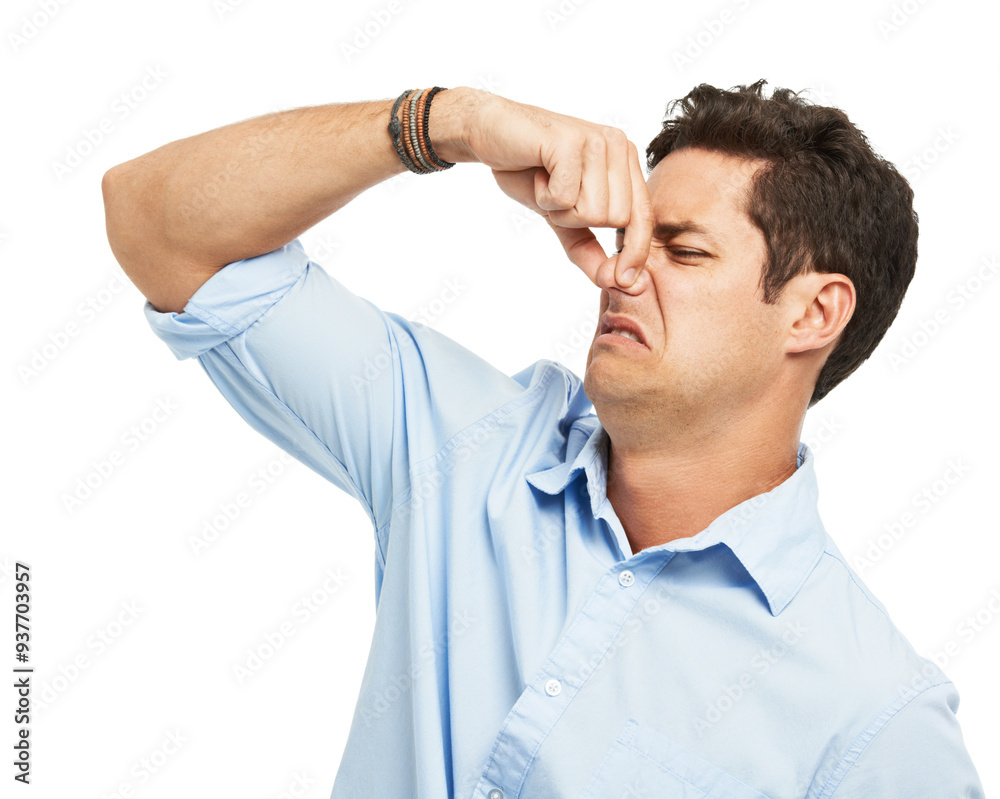 Man, nose pinch and disgust expression in studio for negative, omg and ...