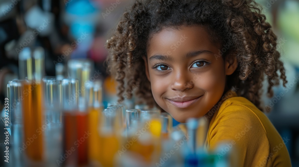 African American School Girl Studying Science in a Classroom Filled ...