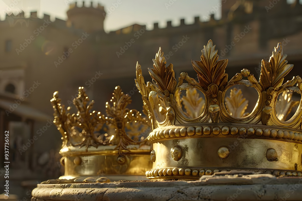 Golden corona radiata and fortress-shaped corona muralis crowns of Ancient Rome, symbolizing ...