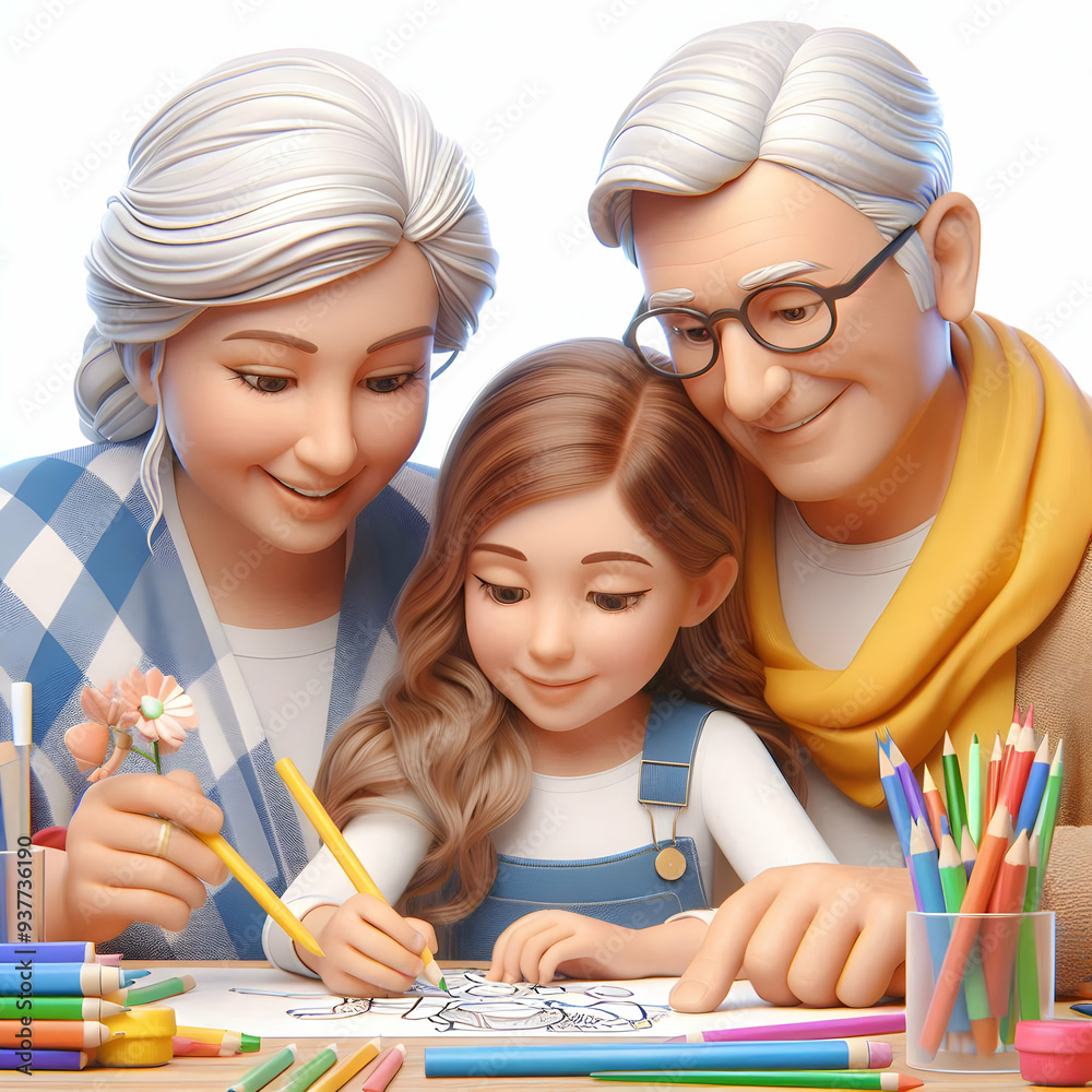 3D Grandparents and Grandchildren Drawing Together concept as A candid ...
