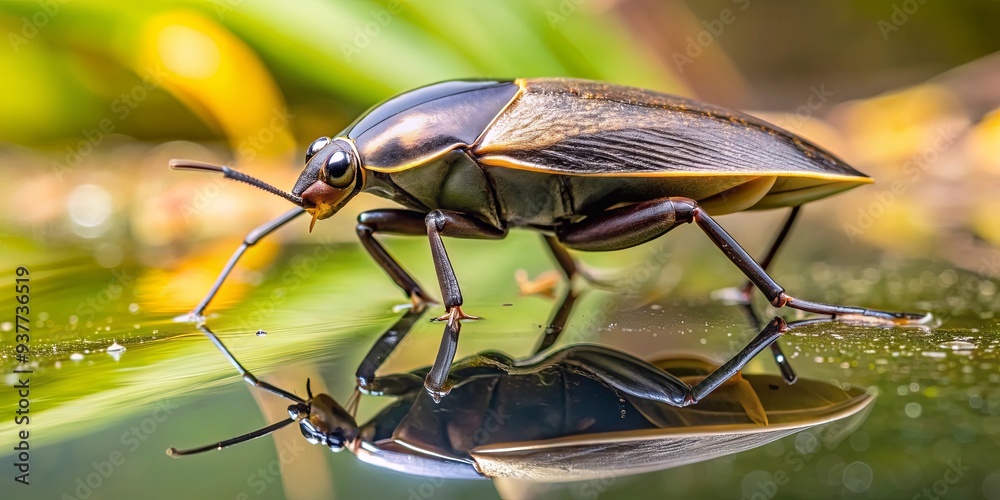 Water floating bug with shiny black carapace and long legs, known as ...
