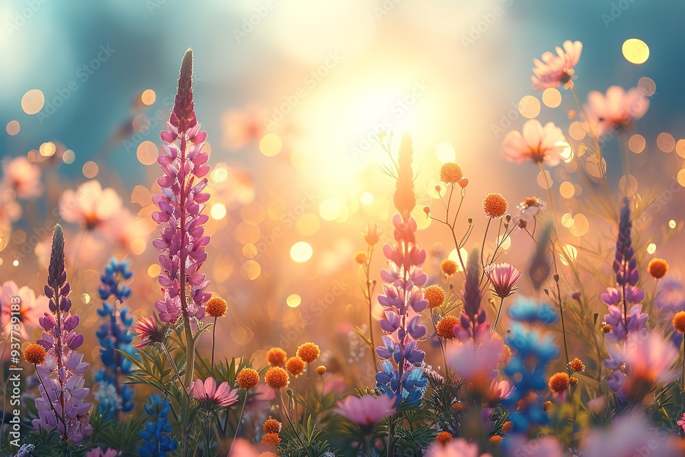 Colorful flower meadow with sunbeams and bokeh lights in summer - nature background banner with ...