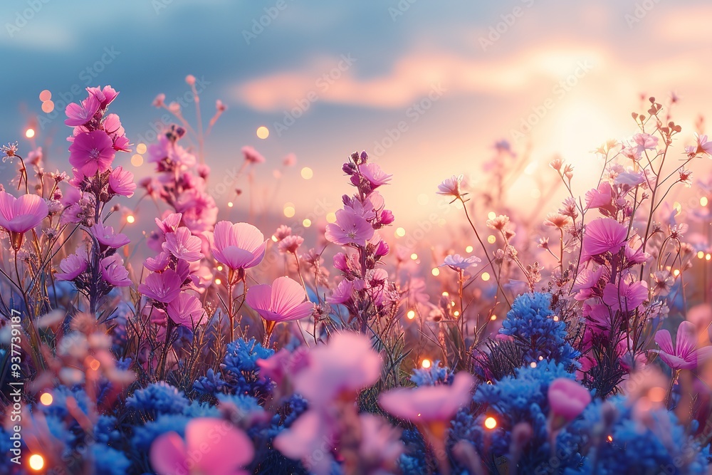 Colorful flower meadow with sunbeams and bokeh lights in summer - nature background banner with ...