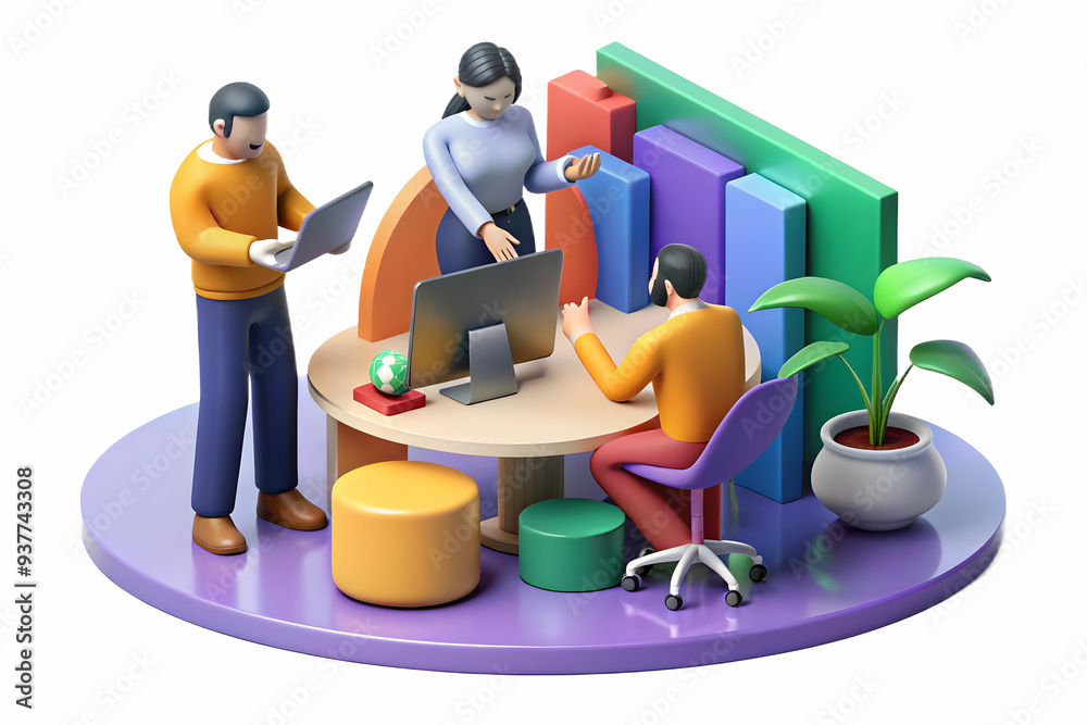 3D Candid moment of a team collaborating on a project in a creative ...