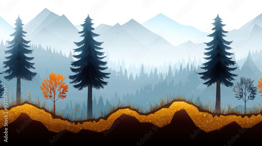 Minimalist gold mining site layout with basic shapes, flat colors, and ...