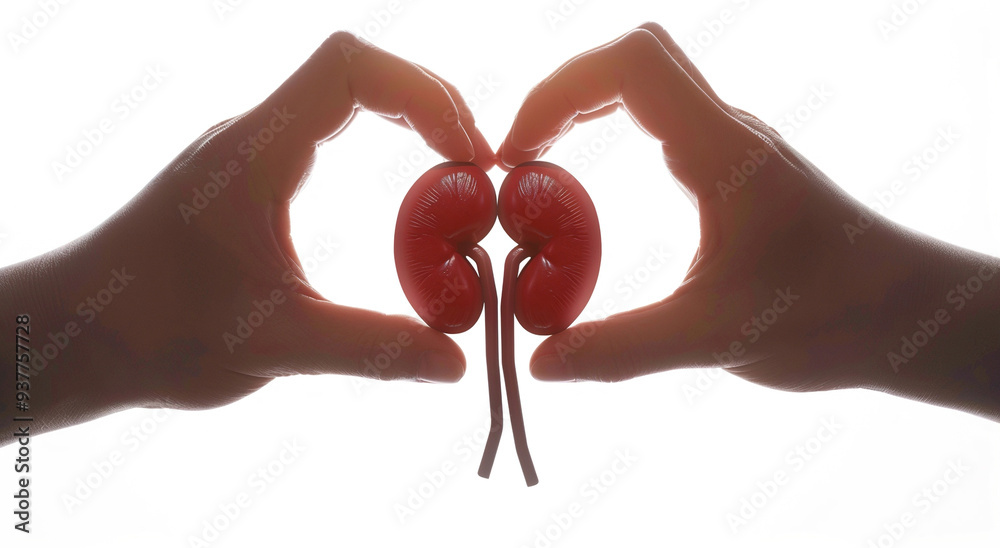 Two hands making a heart shape with a realistic human kidneys in white ...