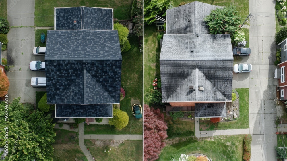 A striking comparison showcases a newly installed roof adjacent to its ...