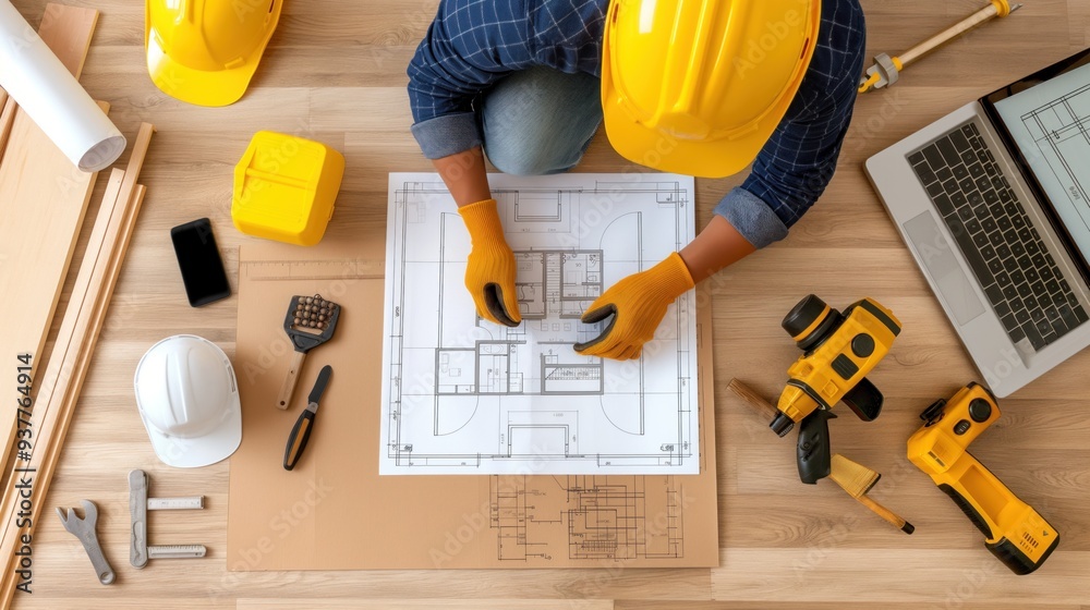 A contractor studies blueprints on the floor, surrounded by tools and ...