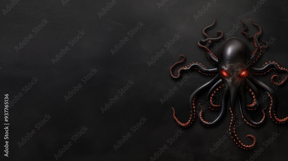 An eerie mythical creature resembling an octopus with glowing red eyes ...