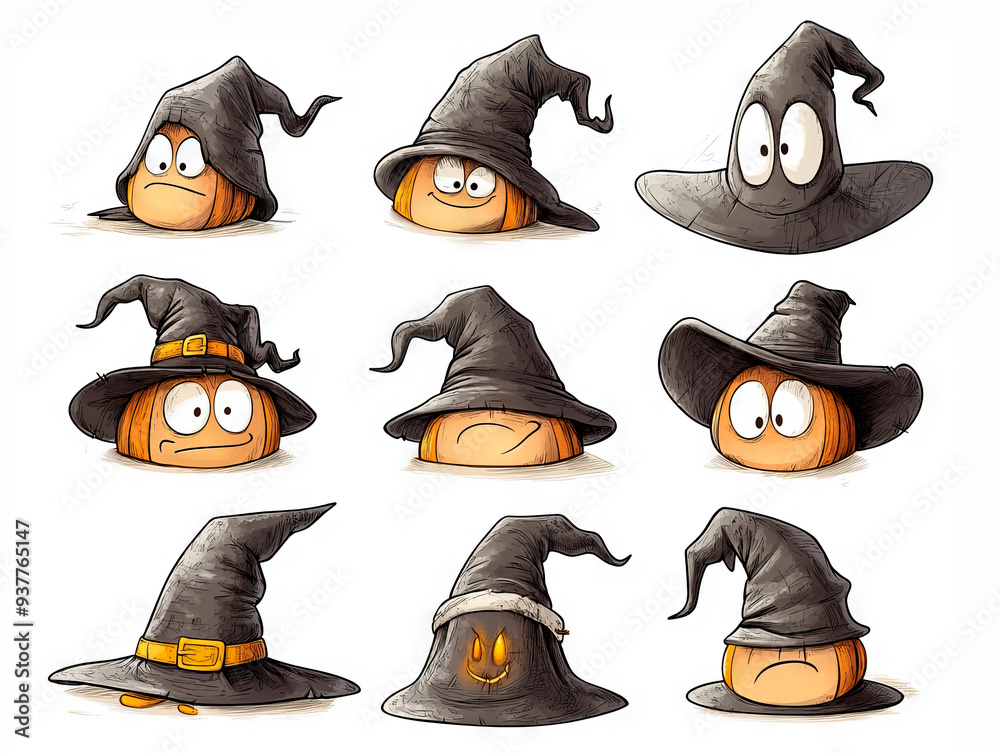 Character sheet of whimsical cute illustrated halloween witch hat ...
