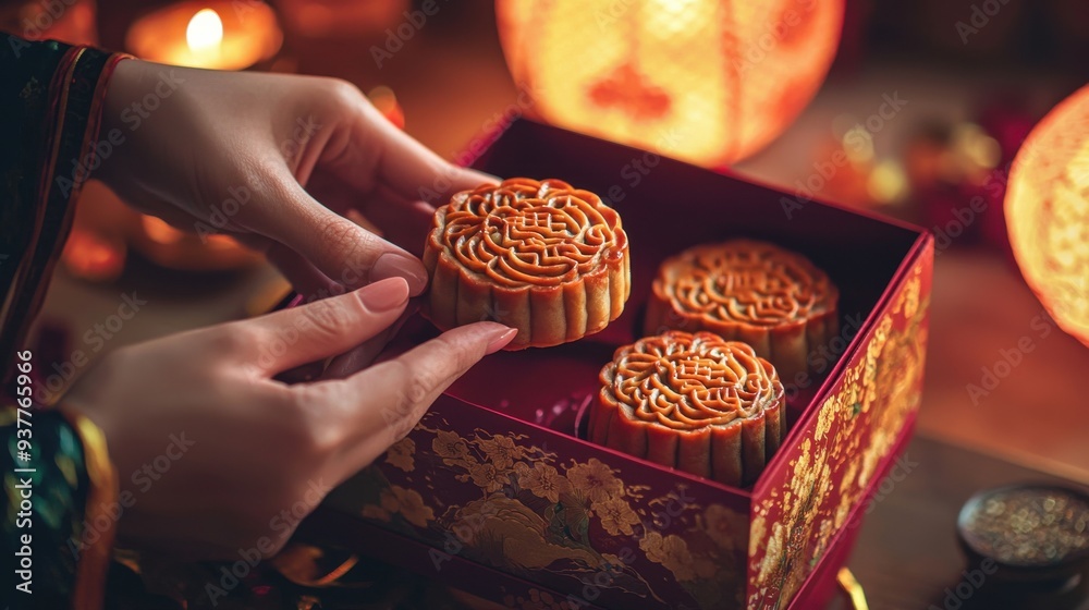 A close-up shot of hands carefully placing mooncakes into a beautifully ...