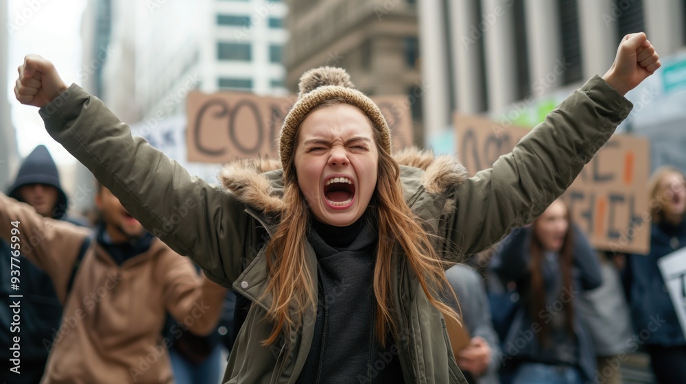 Protest against climate change, young people holding signs and shouting ...
