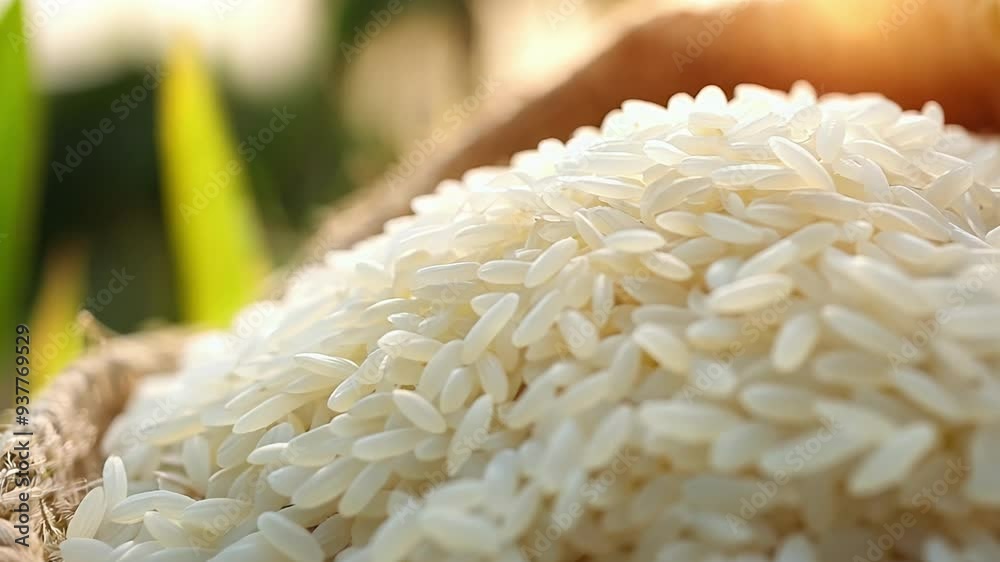 A close-up of freshly harvested rice grains in a burlap sack ...