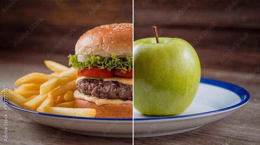 Image split in half, hamburger and apple. Healthy vs unhealthy food ...