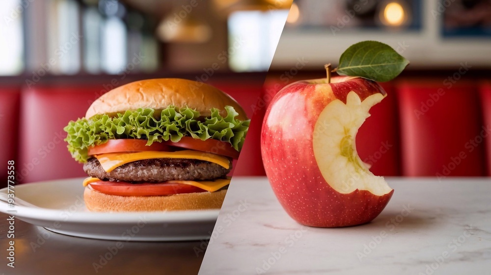 Image split in half, hamburger and apple. Healthy vs unhealthy food ...