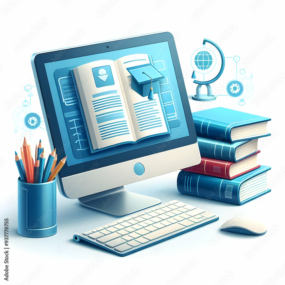 Desktop Computer and Book Isolated Vector: Online Education Resources ...