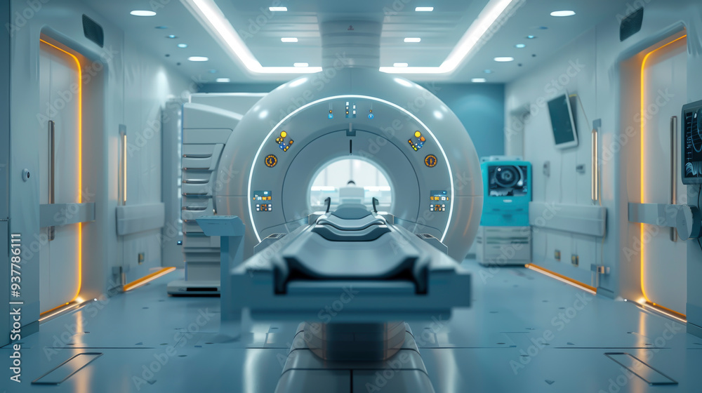 High-tech medical imaging room featuring a modern CT scanner with ...