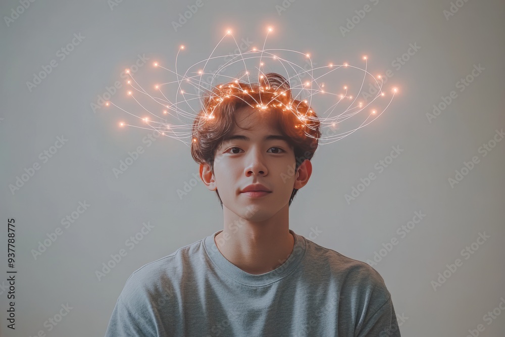 Smiling person with a glowing neural halo symbolizing creativity ...