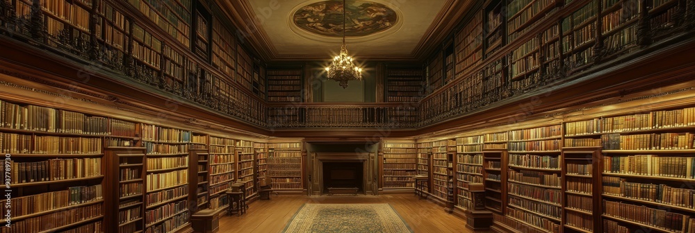 Grand Library with Bookshelves and Chandelier - A grand library with ...