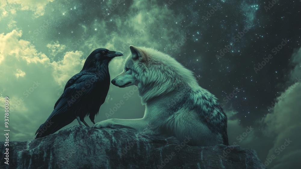 Raven and Wolf Under a Starry Sky - A raven and a wolf stand side-by ...