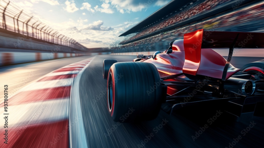 Red Race Car Speeding Around Track - A red race car speeds around a ...