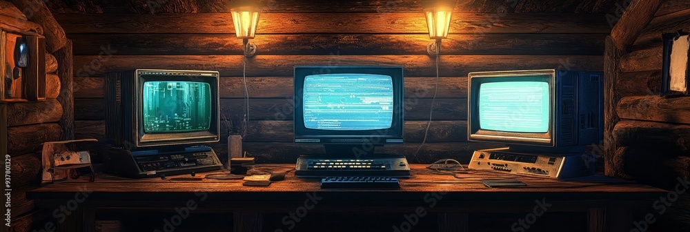 Retro Computer Setup in a Cozy Cabin - Three vintage computers with ...