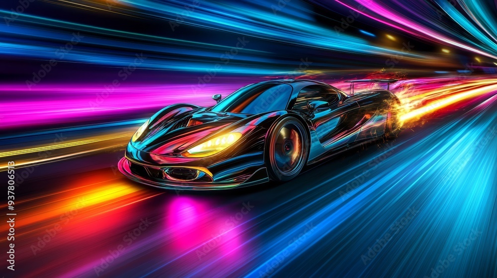 Speed Demon: A Black Sports Car Blazing Through a Neon Tunnel - A sleek ...
