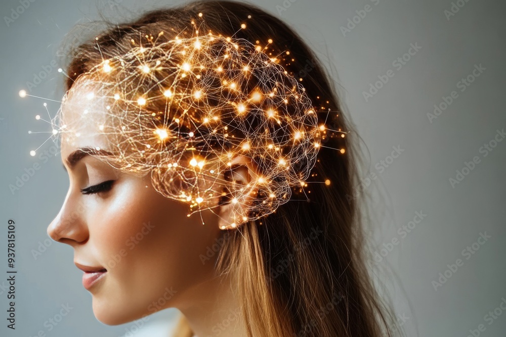A young woman with radiant golden neural connections emanating from her ...