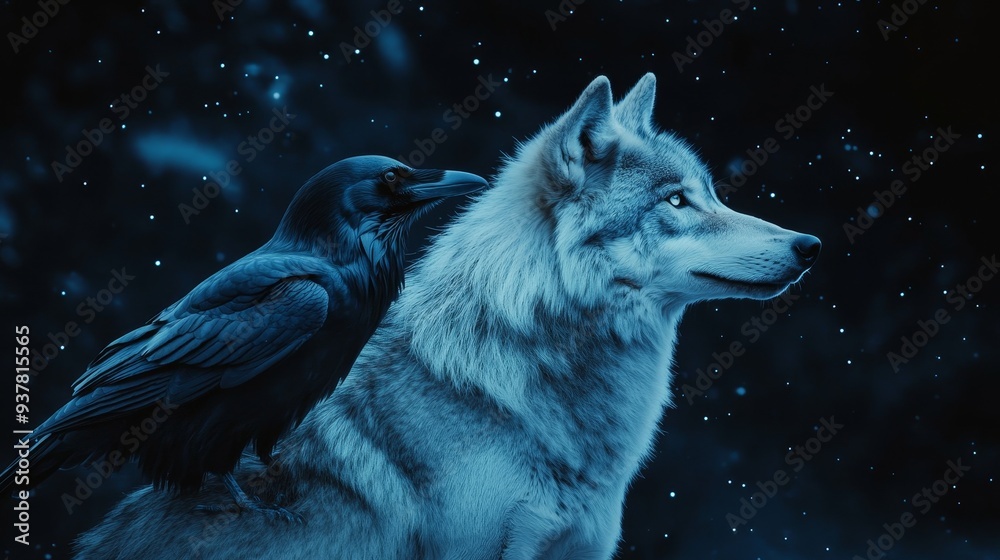 Wolf and Raven Under a Starry Night Sky - A wolf and raven stand side ...
