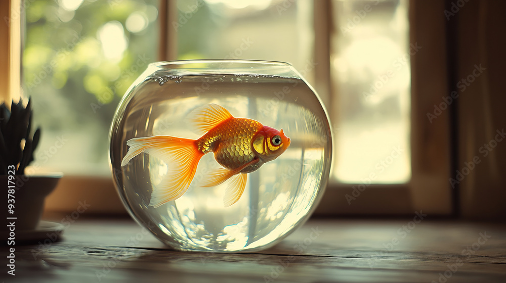 A goldfish swimming in a fishbowl, a classic symbol of simple aquatic ...