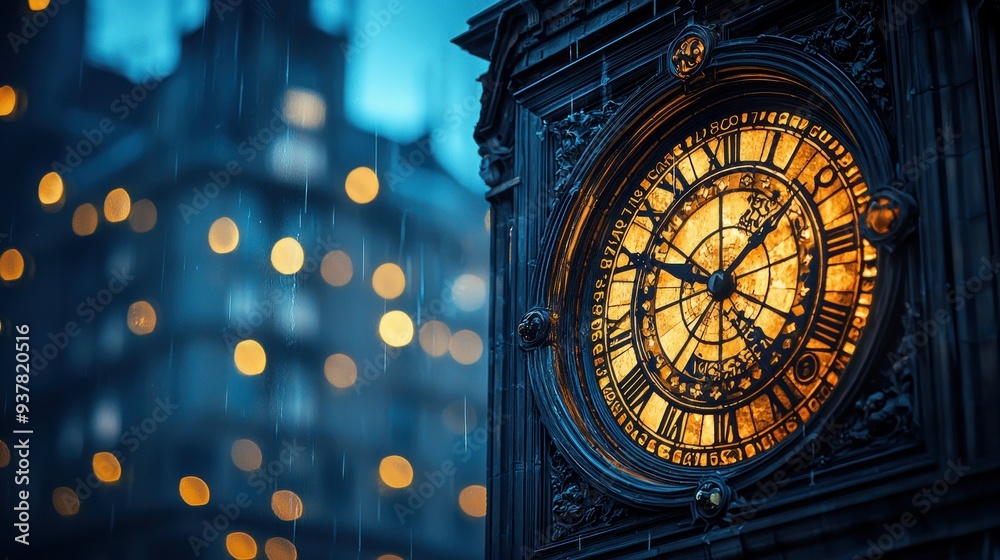 A detailed photograph of a modern clock tower at midnight, with a ...