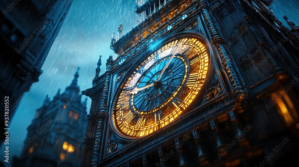 A detailed photograph of a modern clock tower at midnight, with a ...