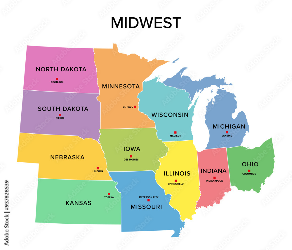 Midwest, U.S. census region, multi colored political map. Census region ...