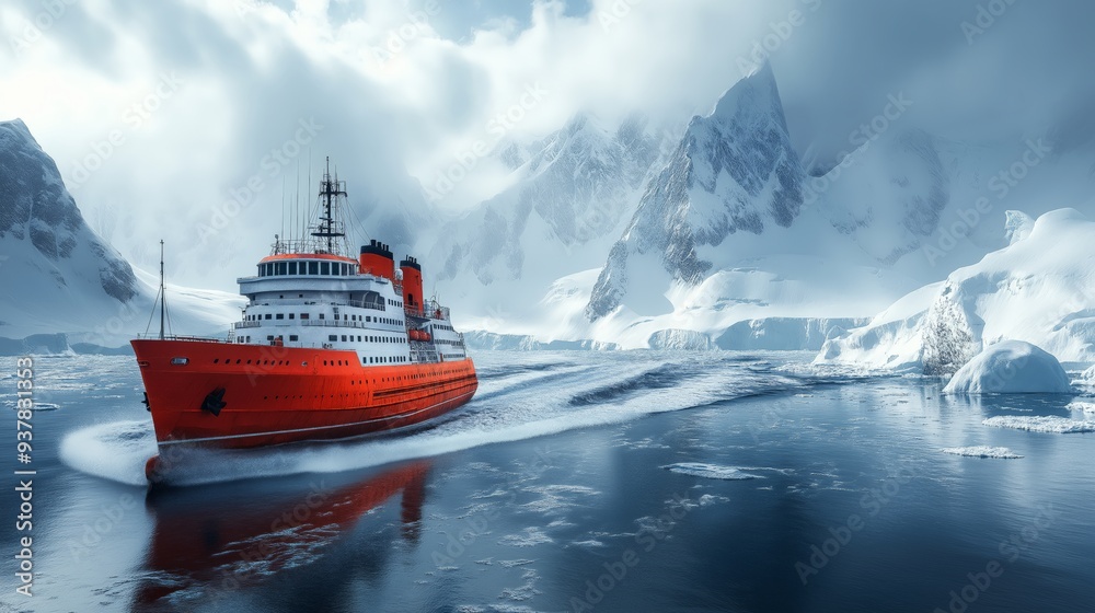 Red Icebreaker Ship Navigating Through the Icy Waters of Antarctica ... Red Icebreaker Ship Navigating Through the Icy Waters of Antarctica ...