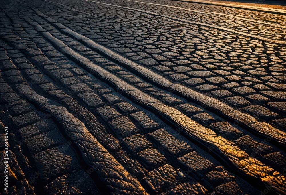 close view uneven asphalt surface highlighting distinct tire tracks texture variations, road ...
